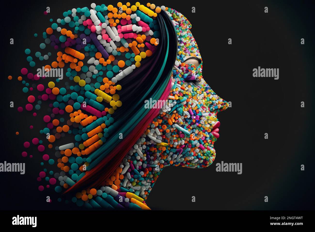 Concept of substance addiction with a central image depicting turmoil ...