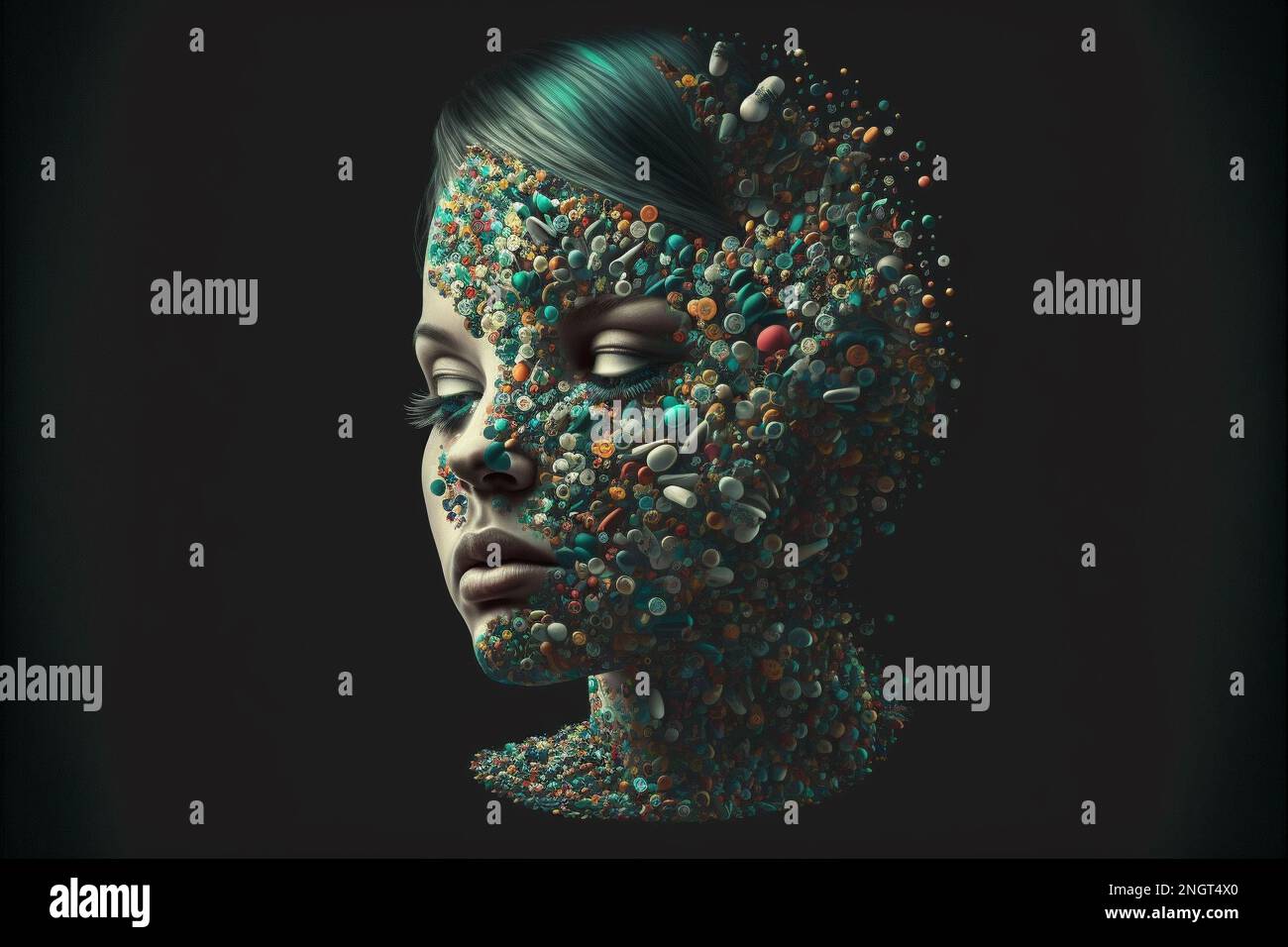 Concept of substance addiction with a central image depicting turmoil ...