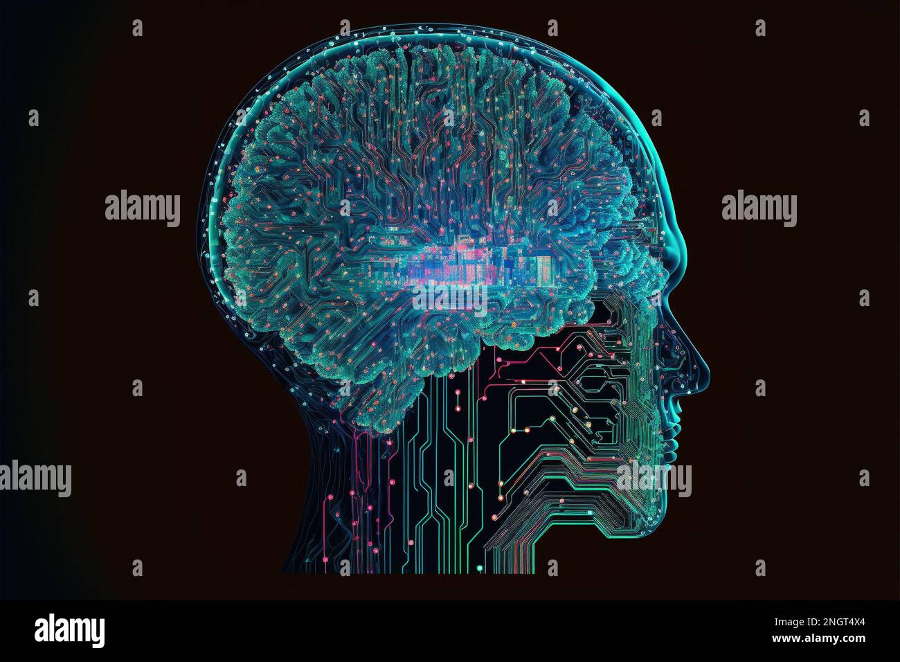 Artificial intelligence concept with a digital brain focused on ...