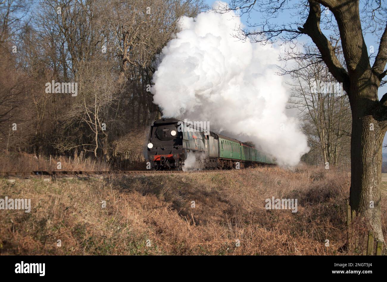 West Country Class 34007 Wadebridge climbs through Chawton woods on the Mid Hants Railway 2008 ...