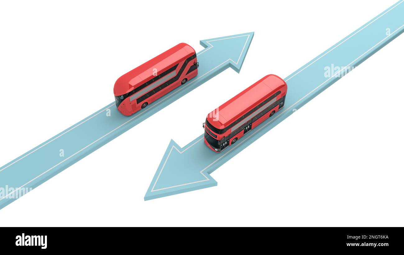 double-decker English red buses go in different directions on arrow ...