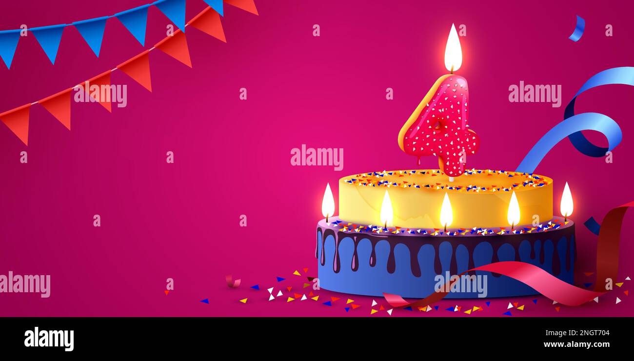 4 year anniversary. Cake with burning candles and confetti. Birthday ...