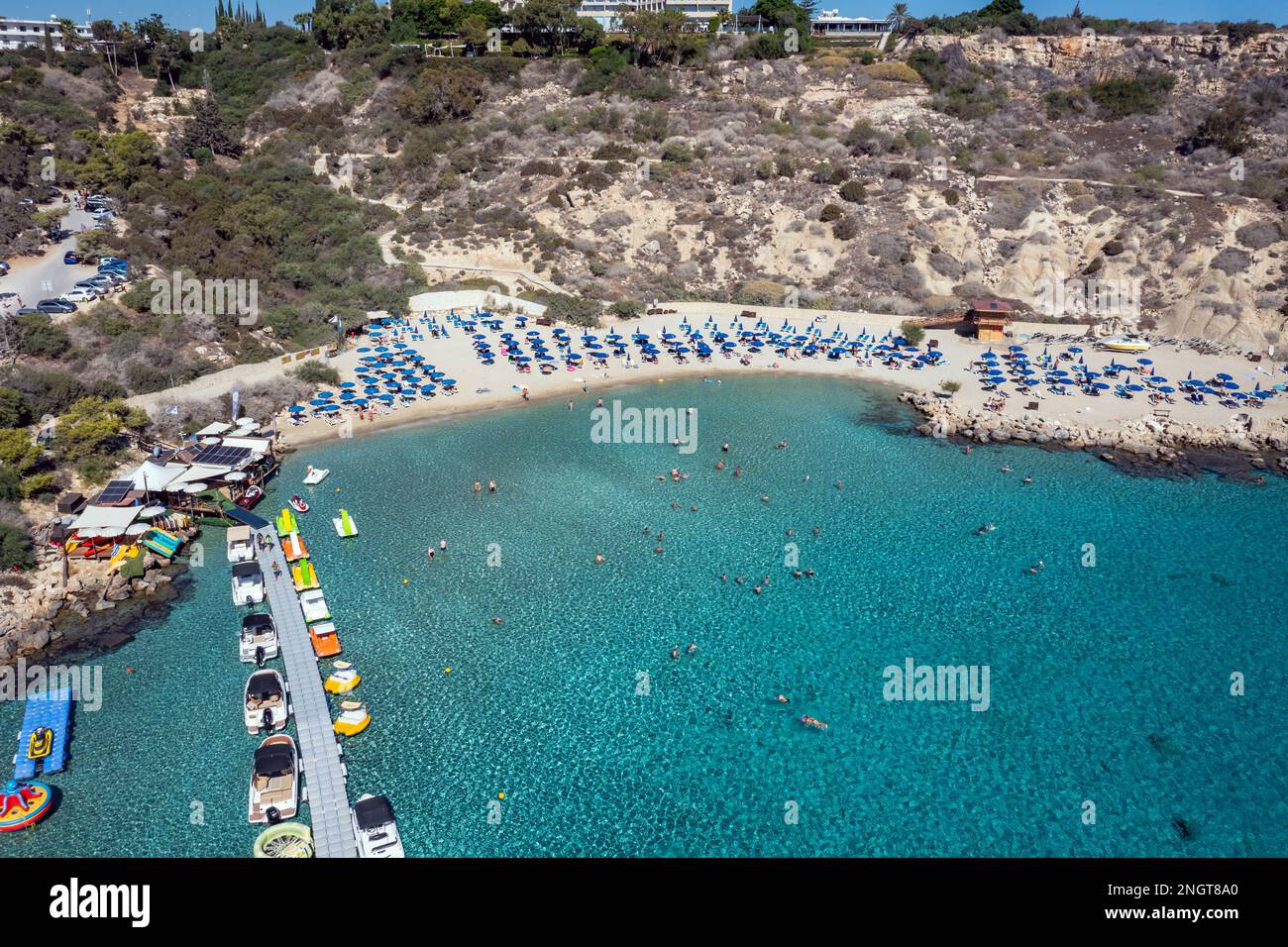 Aerial view with Konnos Beach in Konnos Bay in area of Cape Greco ...