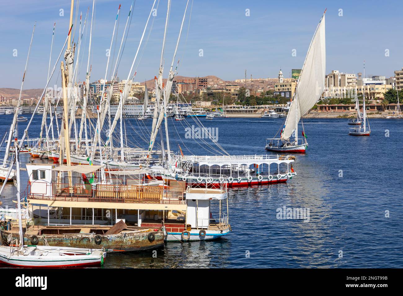 Felucca Sailing on the Nile River in Aswan. Popular Tourist Sailboat in ...