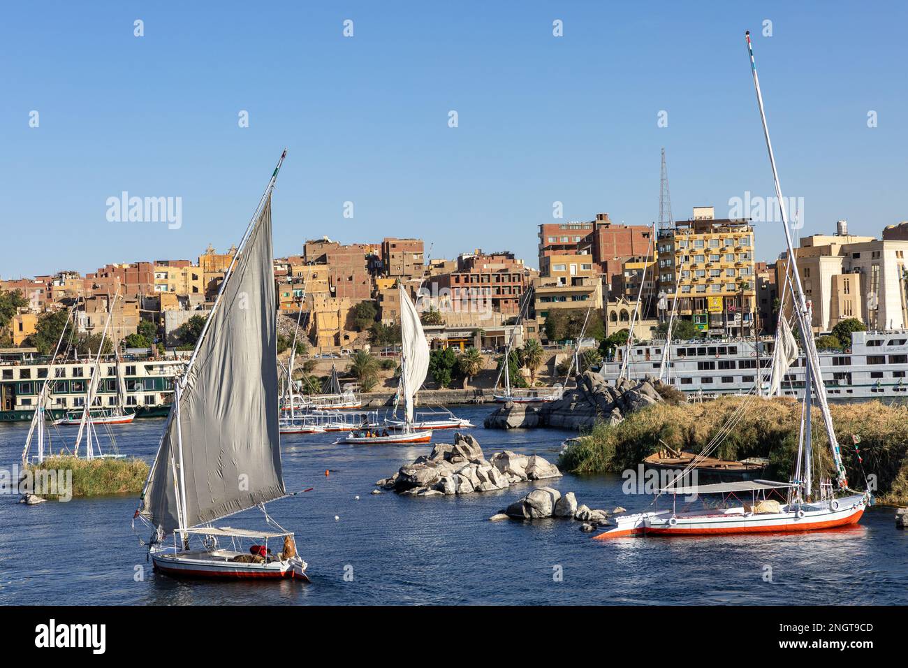 Felucca Sailing on the Nile River in Aswan. Popular Tourist Sailboat in ...