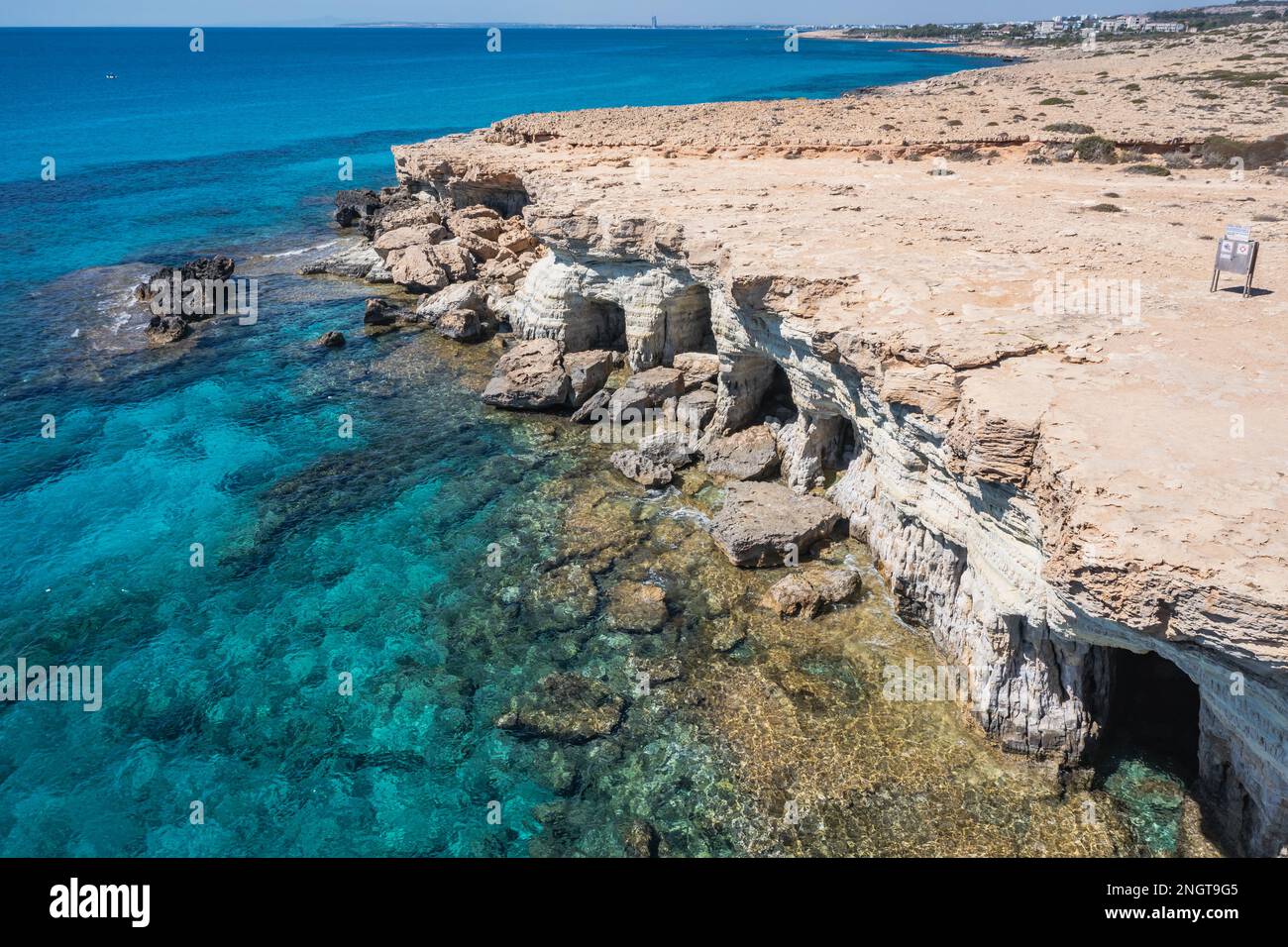 Aerial view of famous Sea Caves in Cape Greco National Forest Park in ...