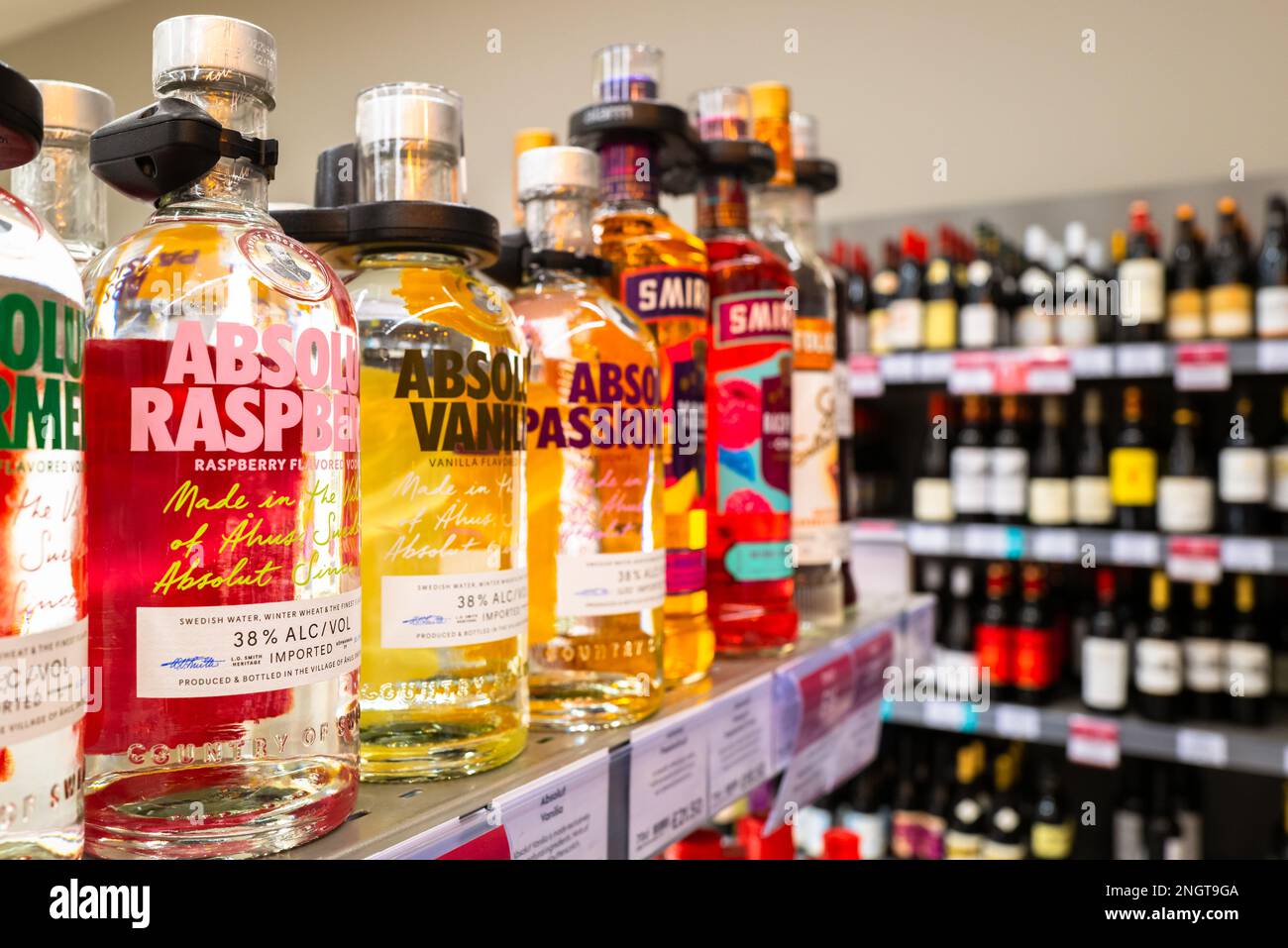 Shallow focus of a near alcoholic drink from a well-known brand seen on ...