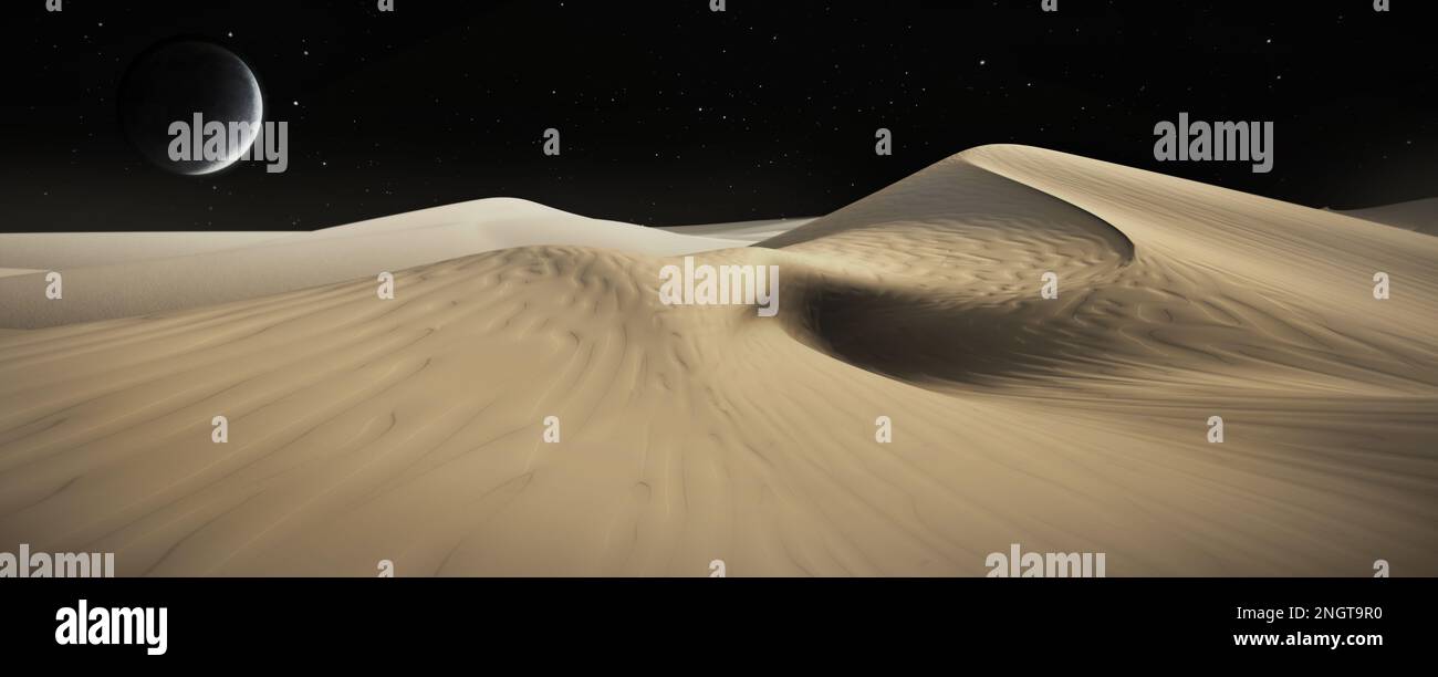 Desert landscape 3D illustration. Sand dunes in a night aesthetic ...