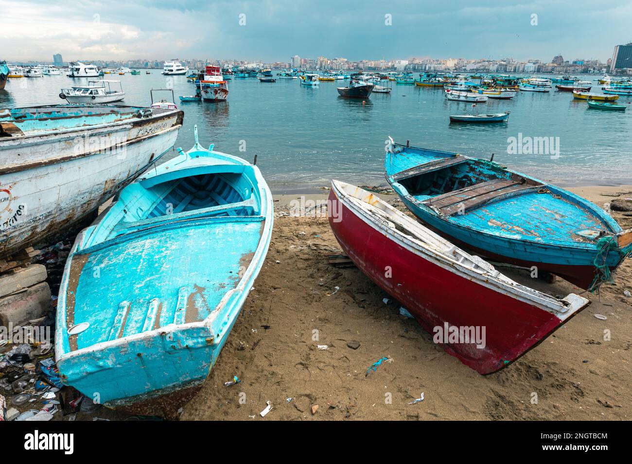 Harbor of Fishing Boats Floating on Blue Sea Water, Alexandria, Egypt ...