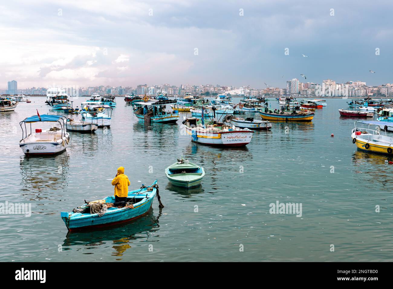 Harbor of Fishing Boats Floating on Blue Sea Water, Alexandria, Egypt ...