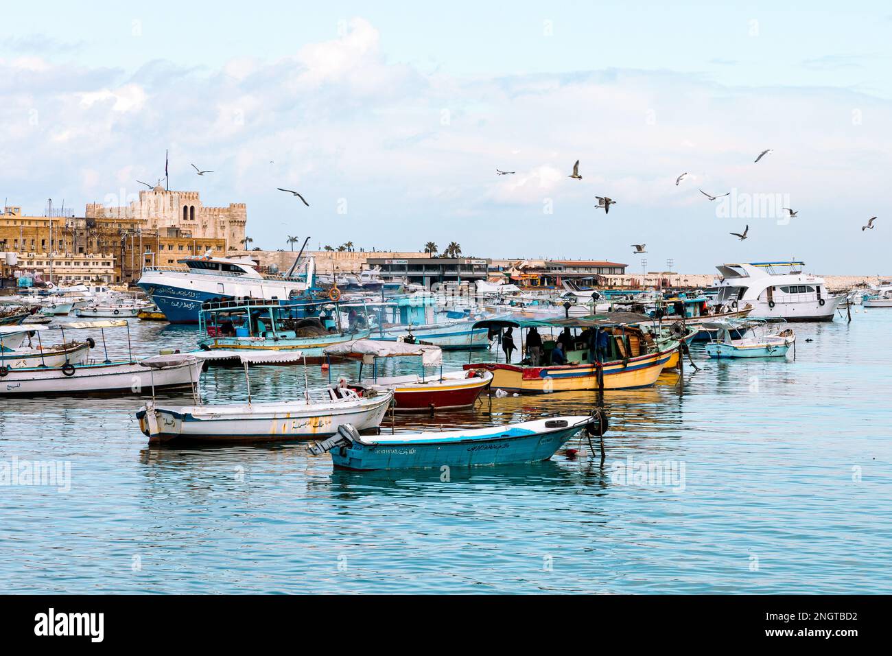 Harbor of Fishing Boats Floating on Blue Sea Water, Alexandria, Egypt ...