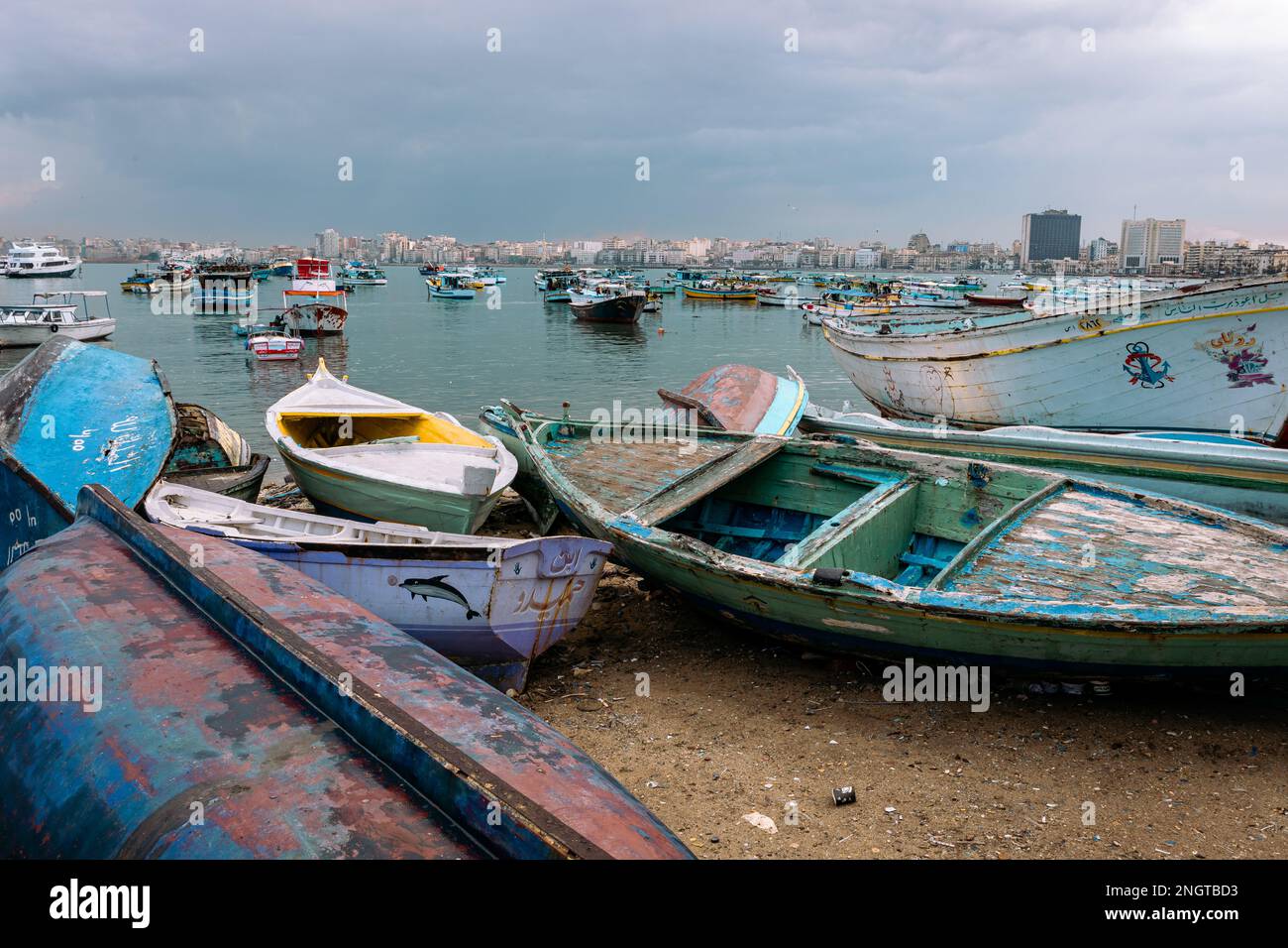 Harbor of Fishing Boats Floating on Blue Sea Water, Alexandria, Egypt ...