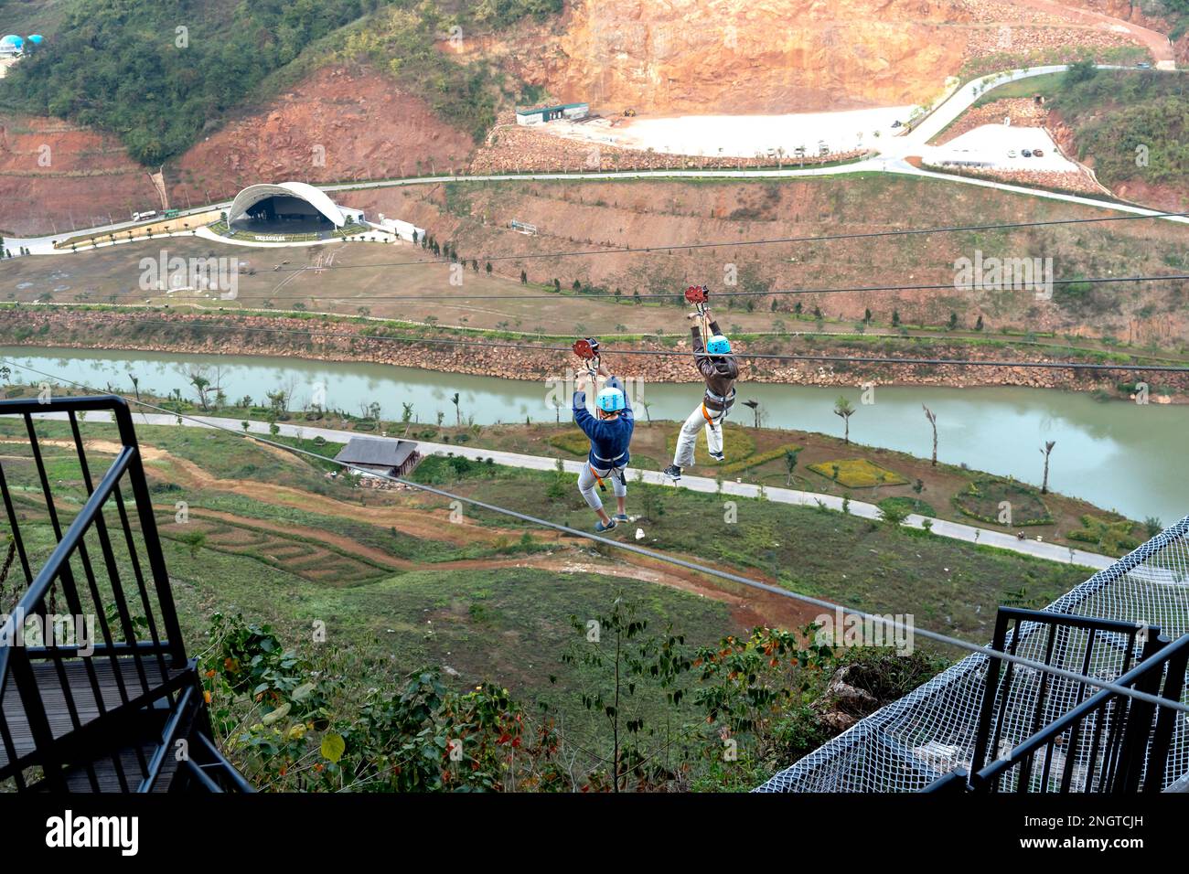Zip line adventure game on high mountains at Moc Chau Island tourist ...