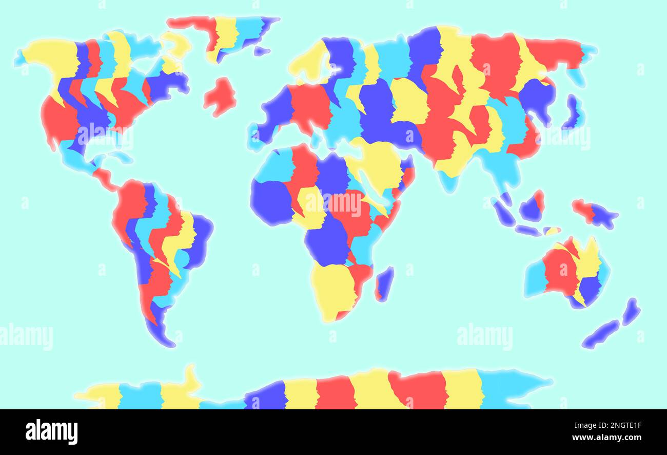 world map, continents of colorful female heads, holiday design Stock ...