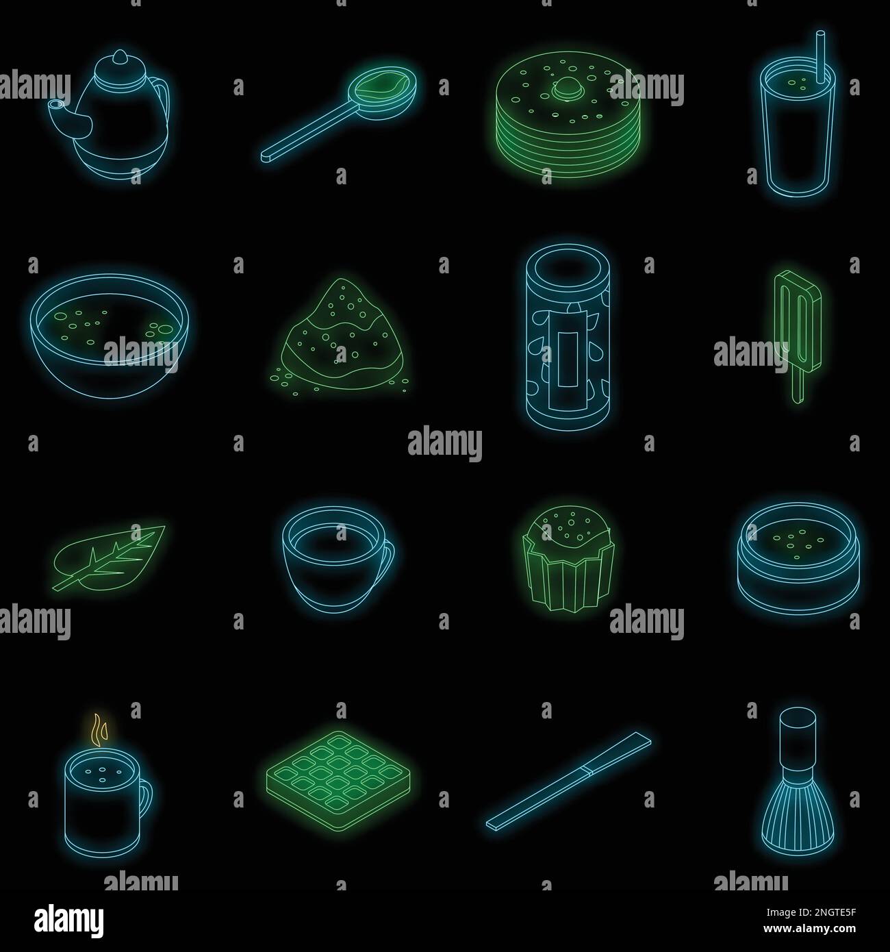 Matcha tea icons set. Isometric set of matcha tea vector icons neon ... Matcha tea icons set. Isometric set of matcha tea vector icons neon ...