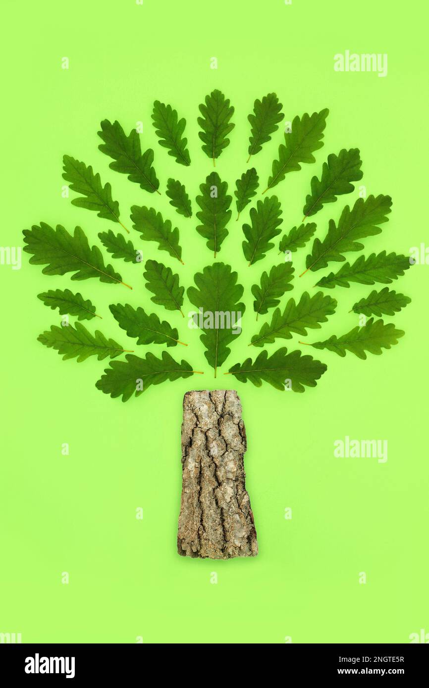 Surreal oak tree abstract concept symbol with green leaves and trunk ...