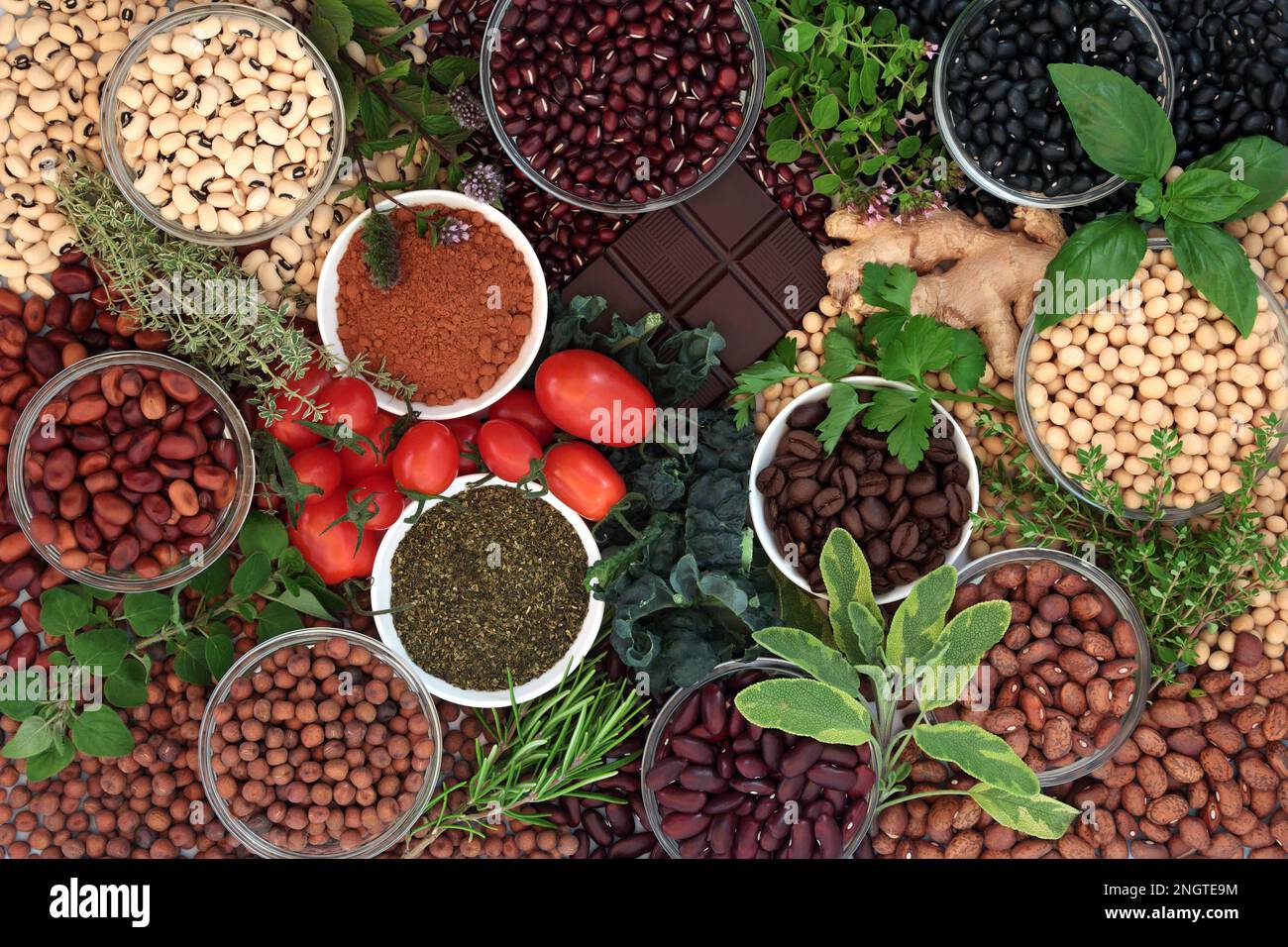 Vegan natural health food high in nutrients with legumes, herbs ...