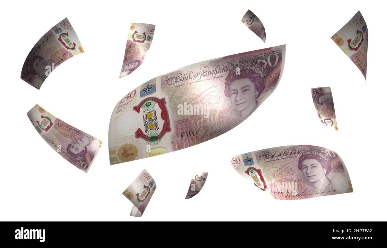 3D Illustration England 50 Pounds Flying Money Banknote Stock Photo - Alamy