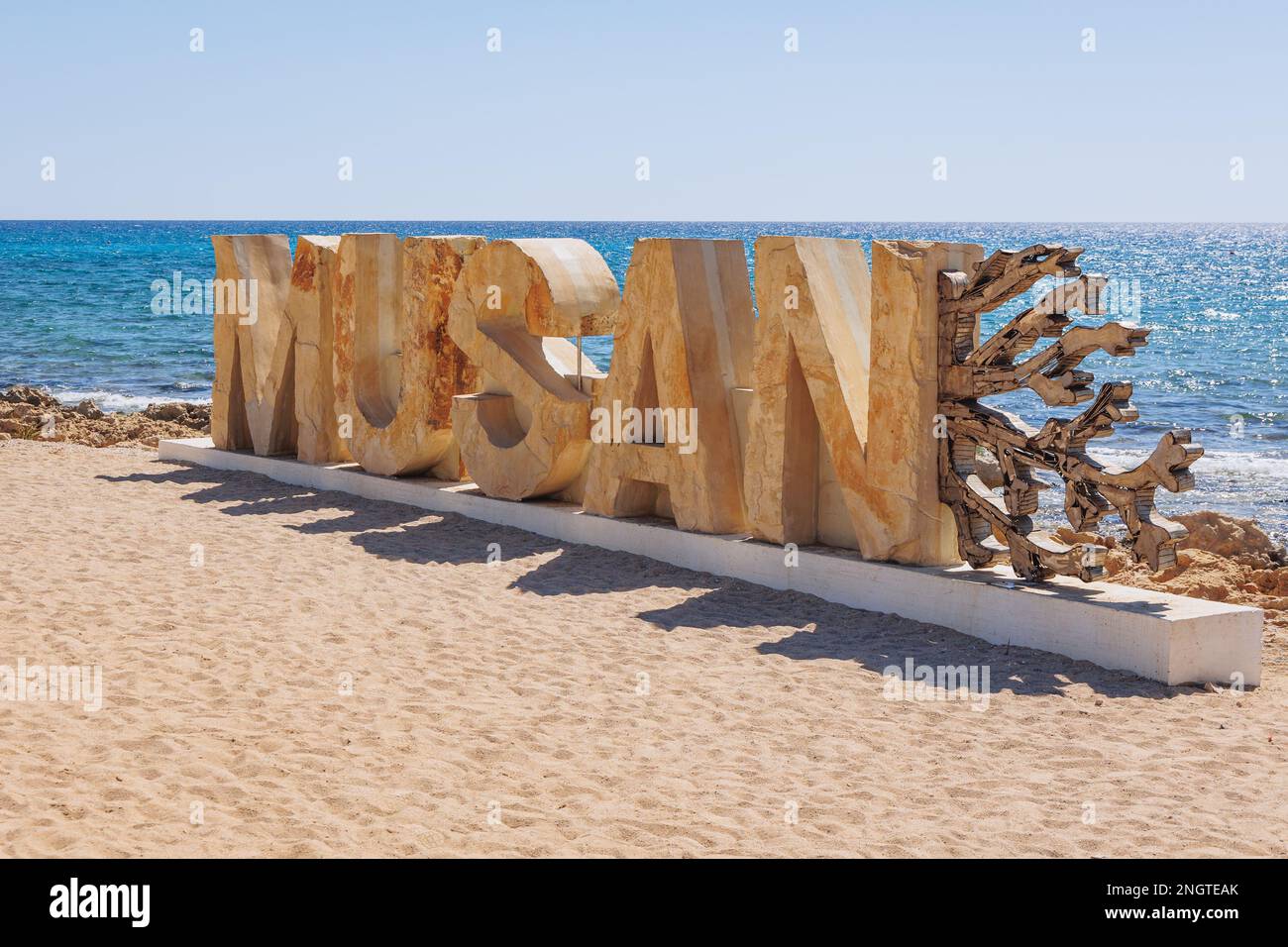 Sign of Musan Museum of Underwater Sculpture on Pernera beach in Ayia ...