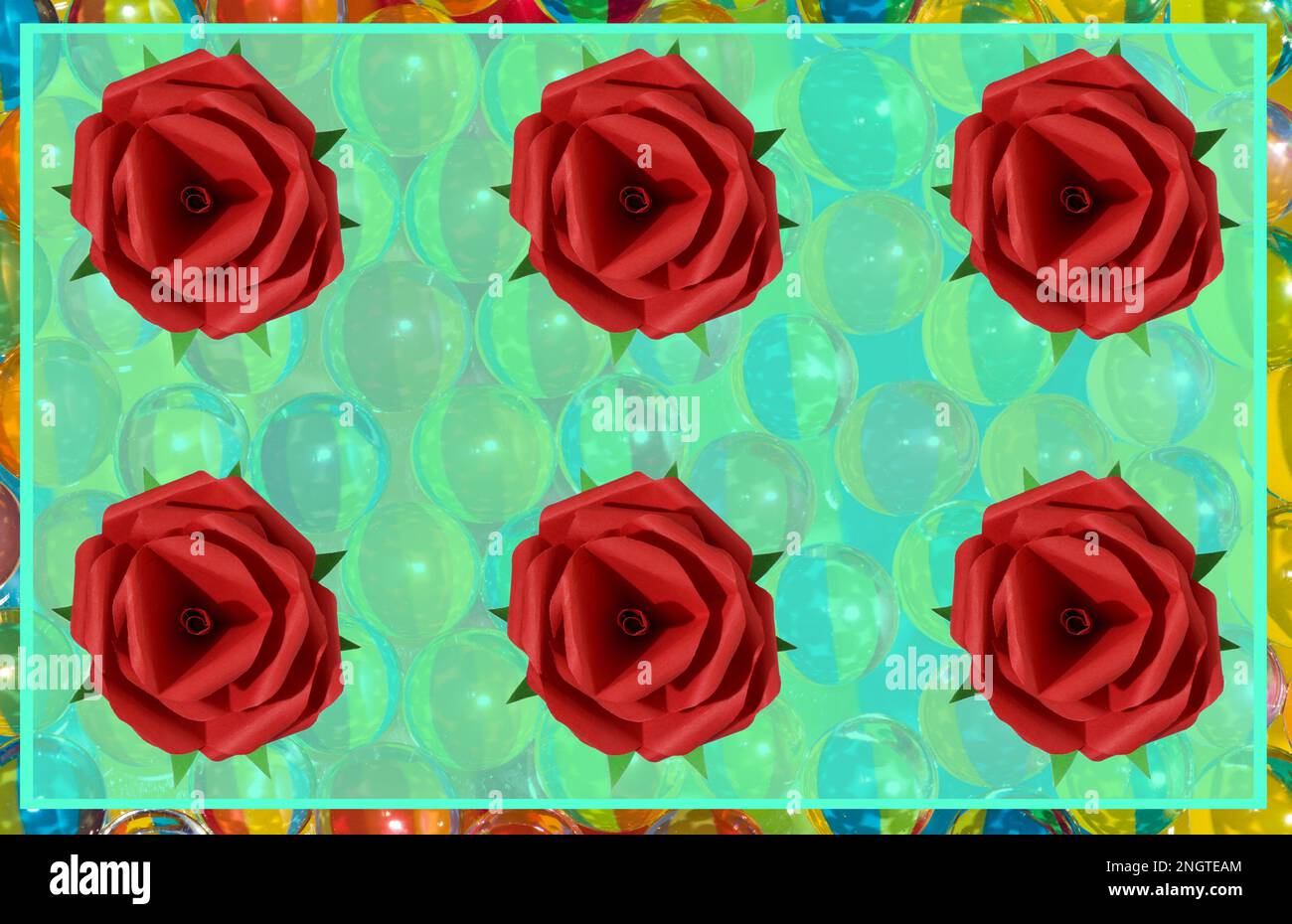 blue transparent frame with red rose flowers, colorful abstract ...