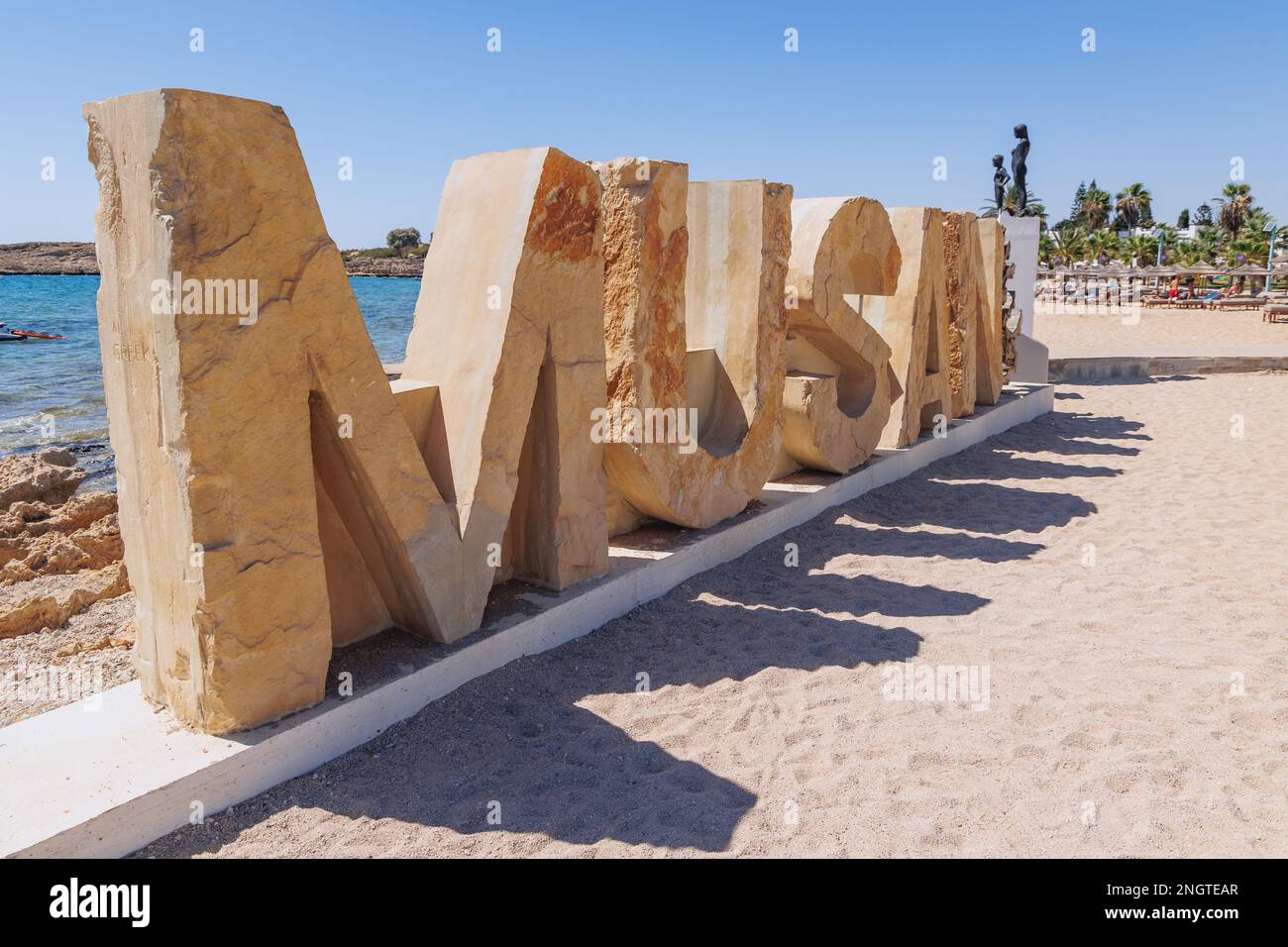 Sign of Musan Museum of Underwater Sculpture on Pernera beach in Ayia ...