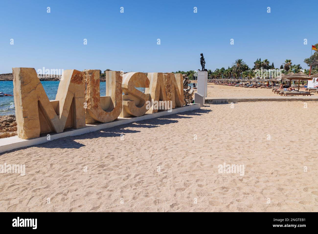Sign of Musan Museum of Underwater Sculpture on Pernera beach in Ayia ...