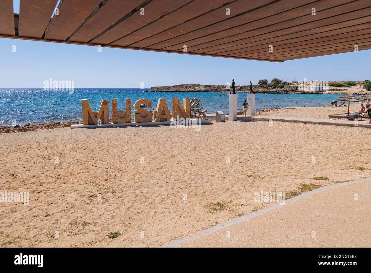 Sign of Musan Museum of Underwater Sculpture on Pernera beach in Ayia ...