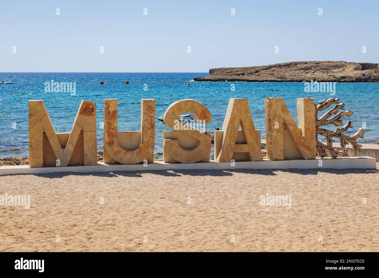 Sign of Musan Museum of Underwater Sculpture on Pernera beach in Ayia ...