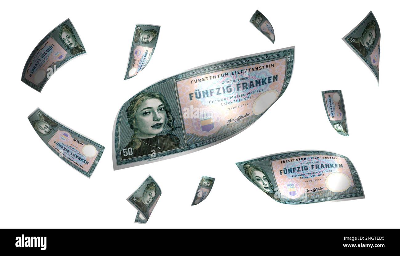 3D Illustration Liechtenstein 50 Franken Flying Money Banknote Stock ...