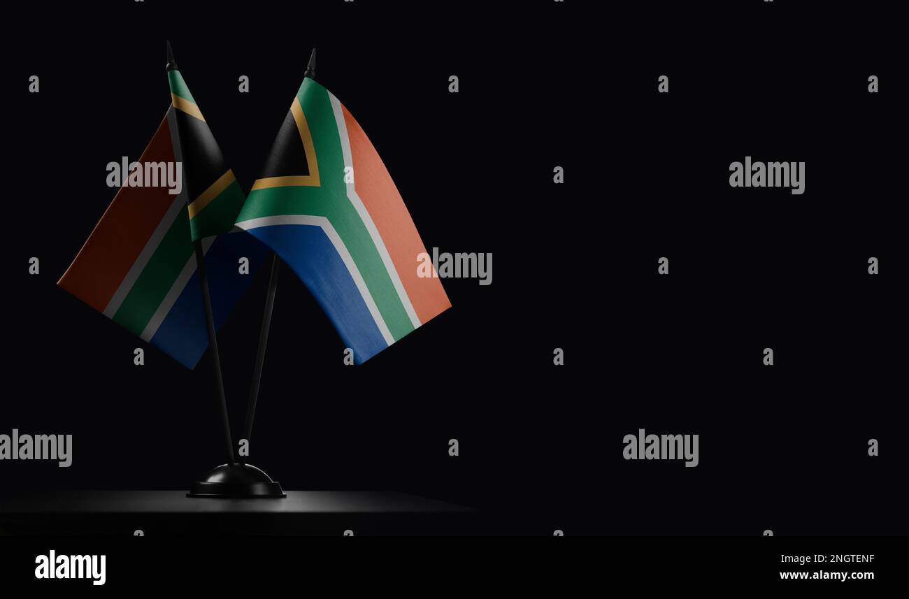 Small national flags of the South Africa on a black background Stock ...