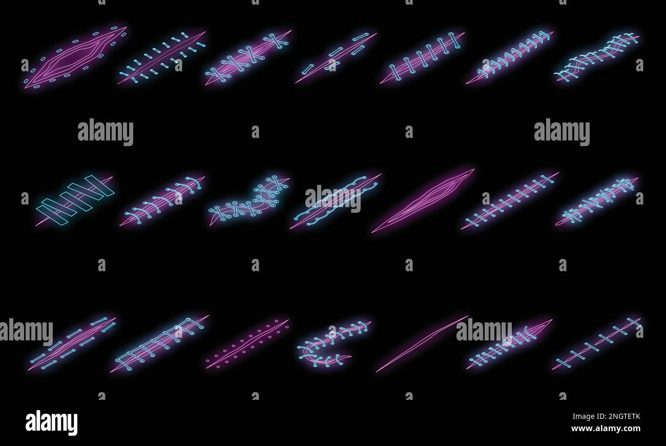 Suture icons set. Isometric set of suture vector icons neon color on ...