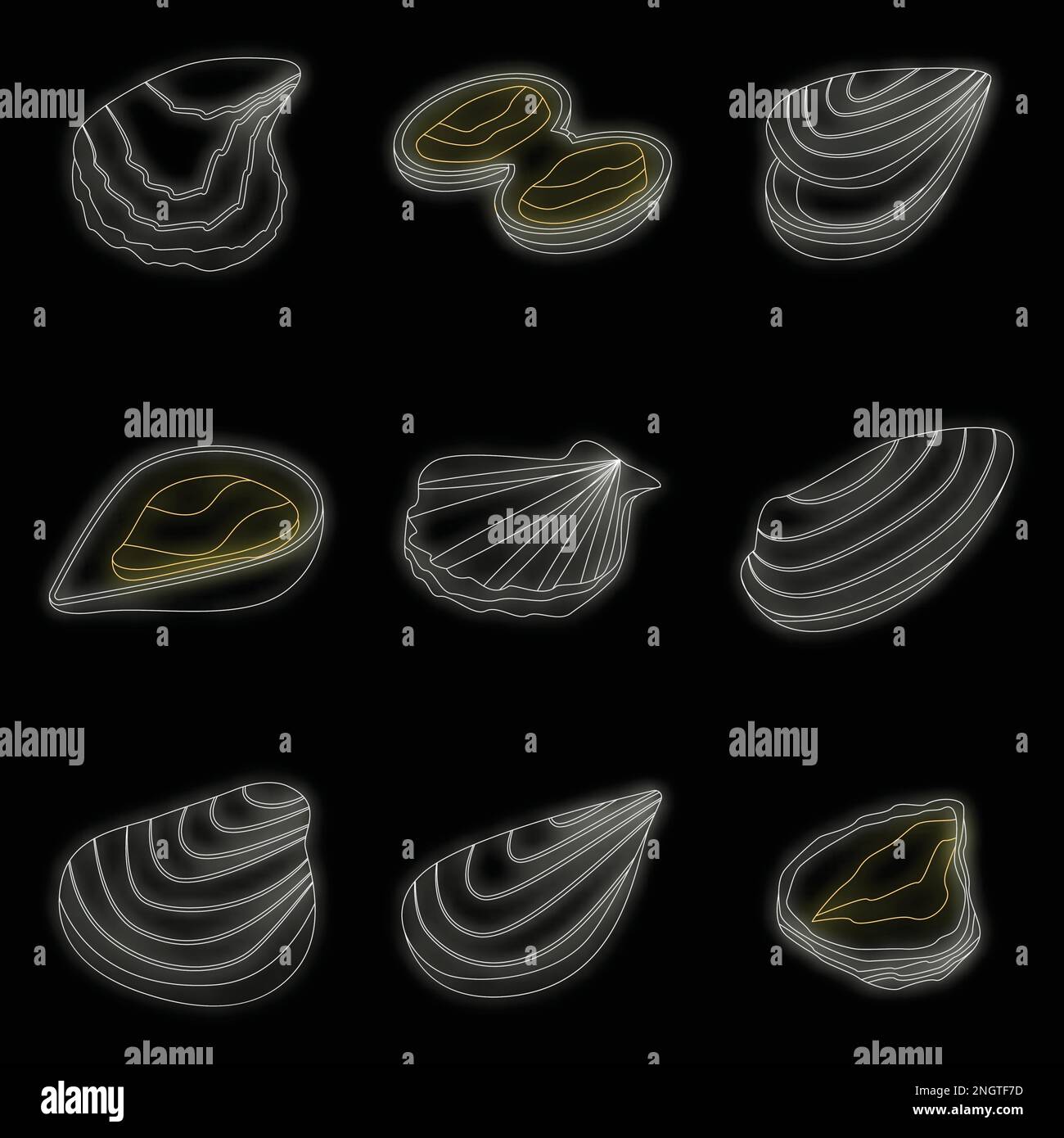 Mussels icons set. Isometric set of mussels vector icons neon color on ...