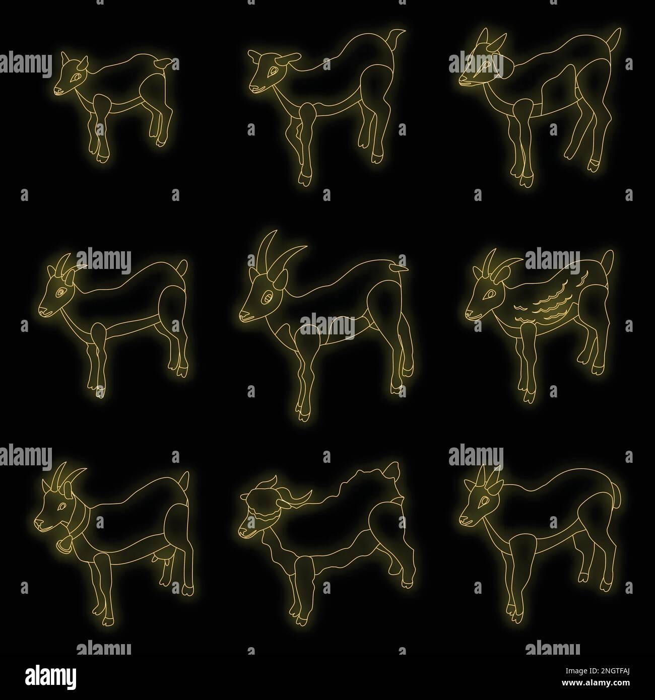 Goat icons set. Isometric set of goat vector icons neon color on black ...