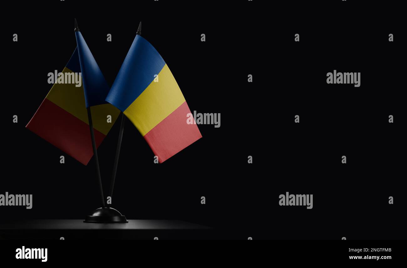 Small national flags of the Romania on a black background Stock Photo ...