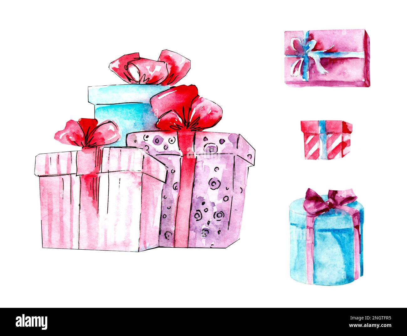 Watercolor drawing of gifts. Holiday packaging Stock Photo - Alamy