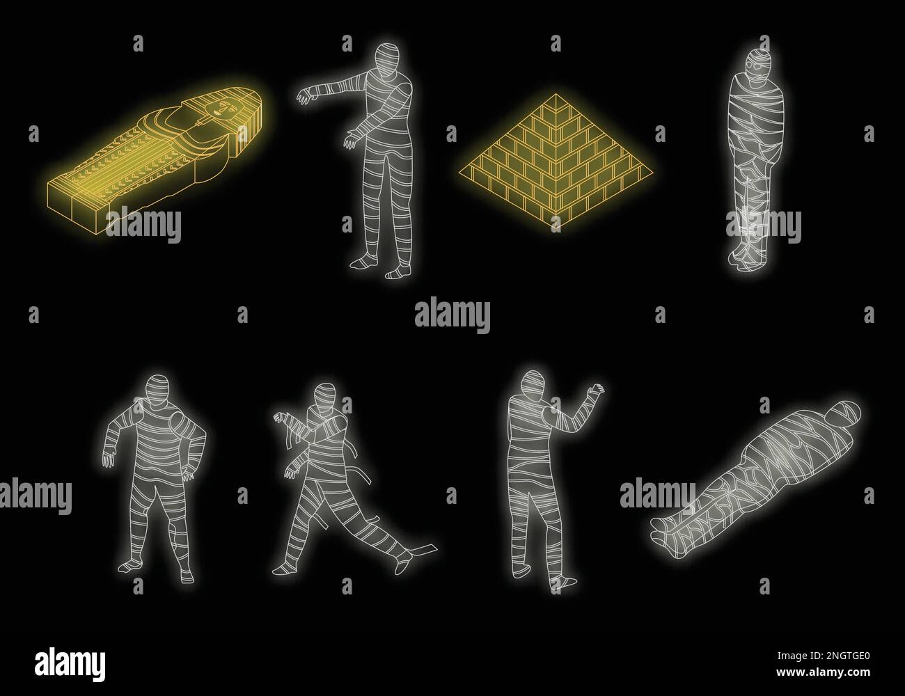 Mummy icons set. Isometric set of mummy vector icons neon color on ...