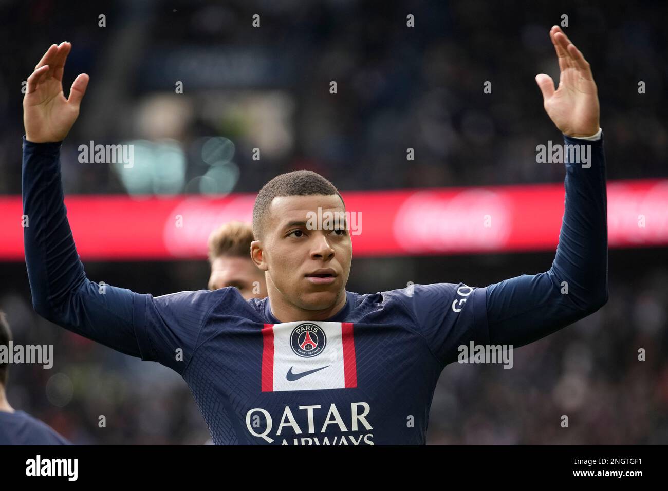 PSG's Kylian Mbappe celebrates after scoring his side's opening goal ...
