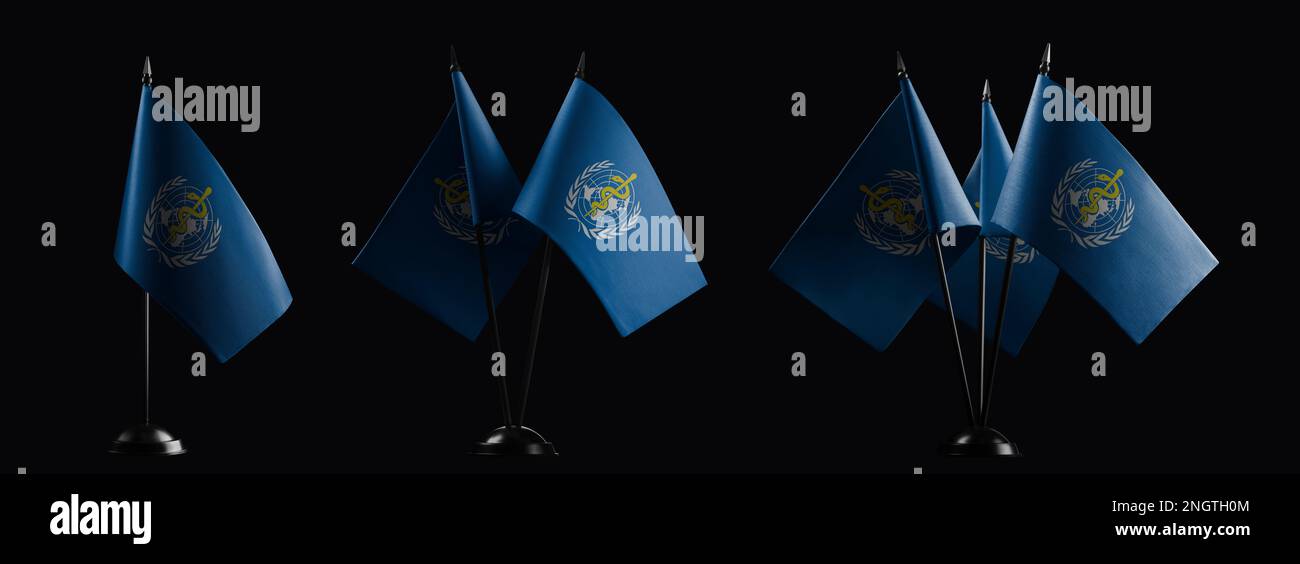Small national flags of the World Health Organization WHO on a black ...