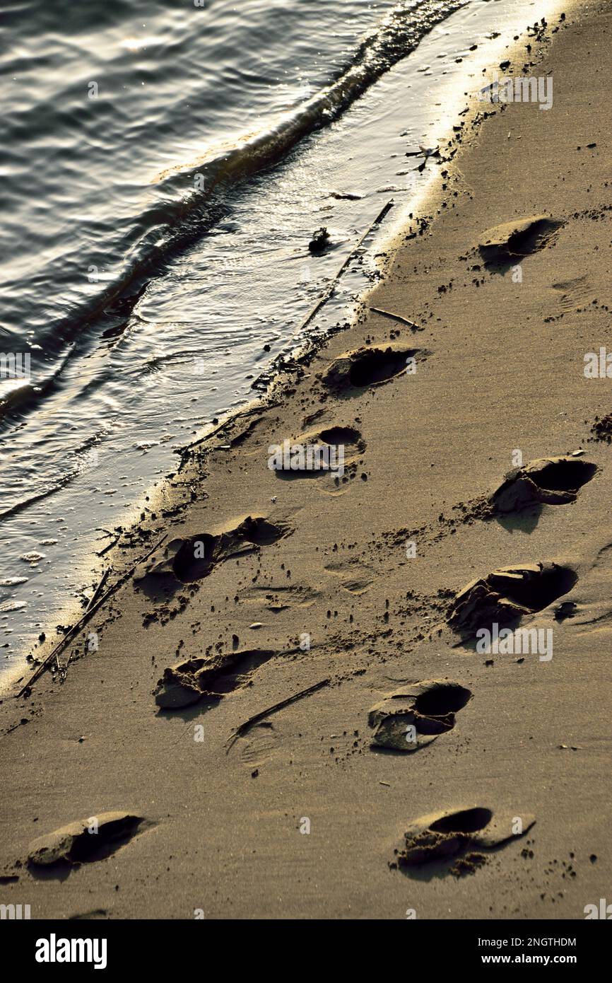 Shoe prints in the sand at sunset Stock Photo - Alamy
