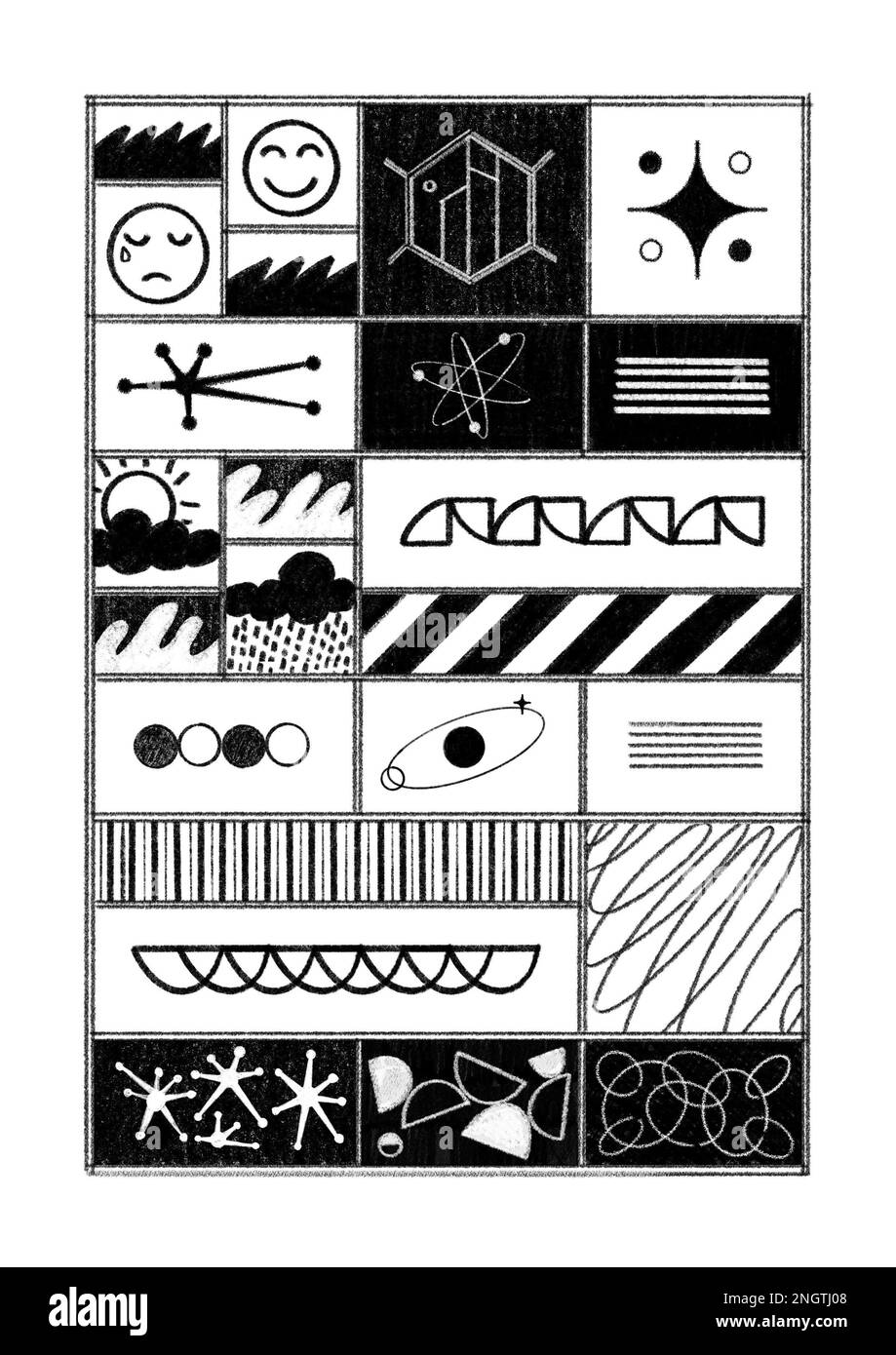 Abstract illustration with midcentury elements. Hand-drawn with pencil ...