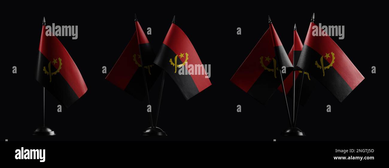 Small national flags of the Angola on a black background Stock Photo ...