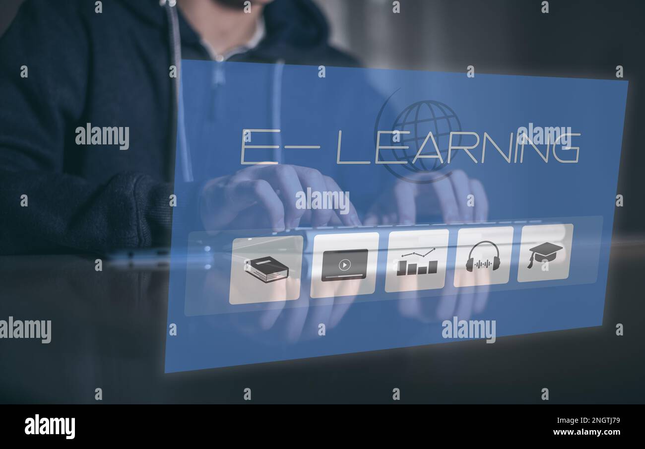 E-learning, education, study online concept. Boy typing on keyboard ...