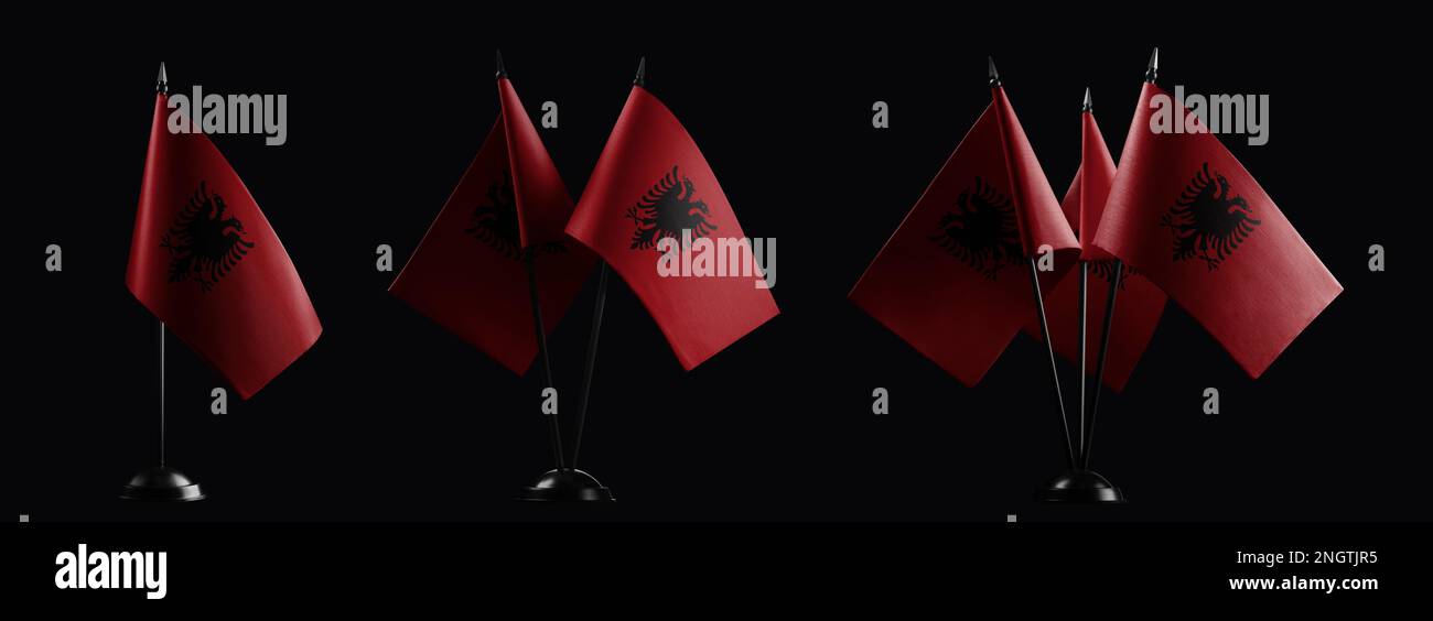 Small national flags of the Albania on a black background Stock Photo ...