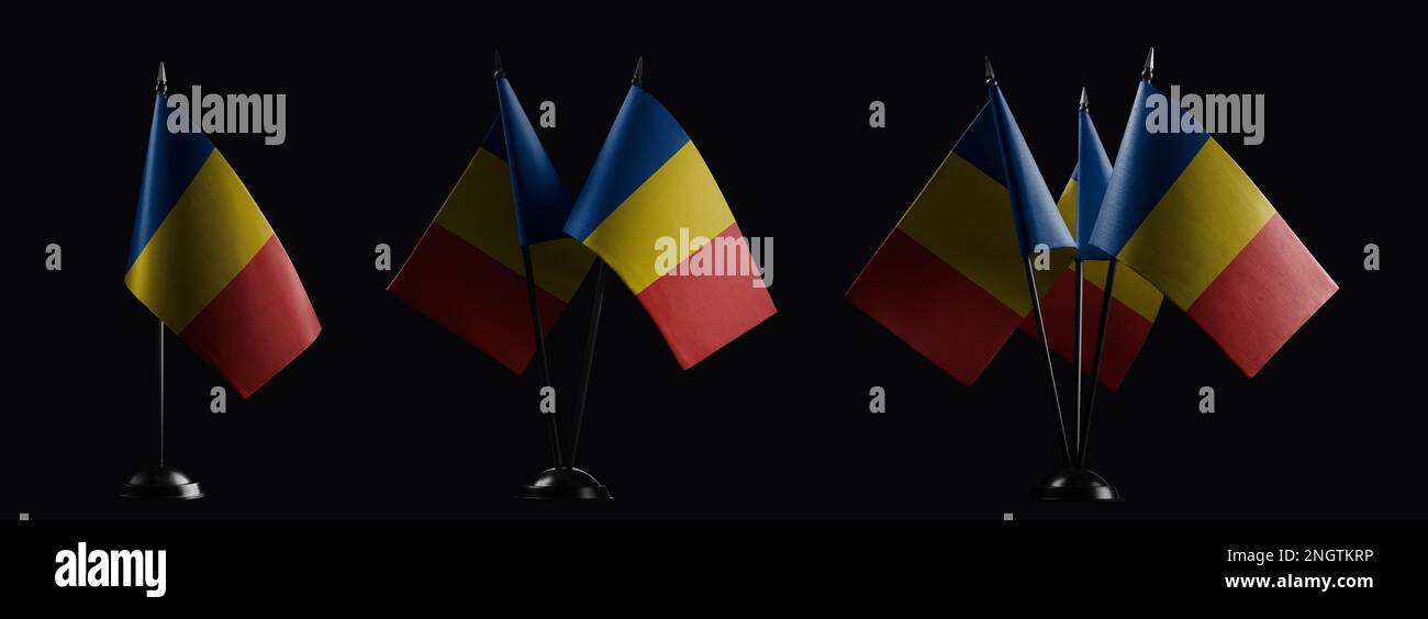 Small national flags of the Romania on a black background Stock Photo ...