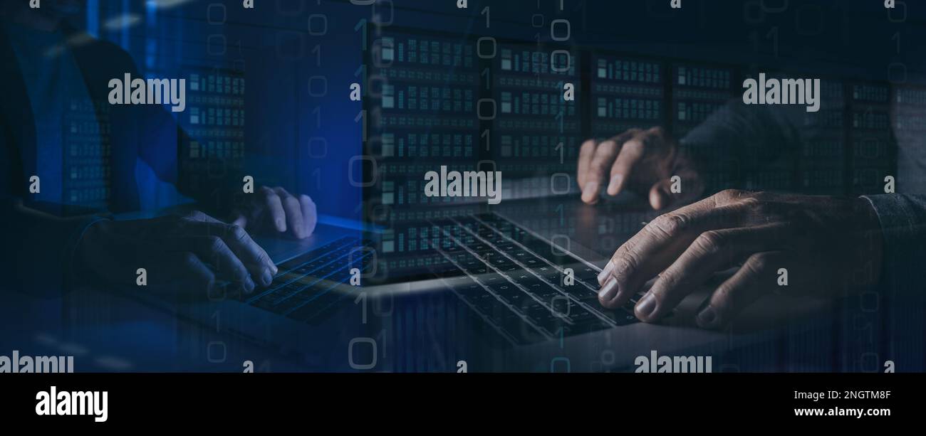 Hands typing on keyboard. Programming online database. Data processing center, cloud sharing ...