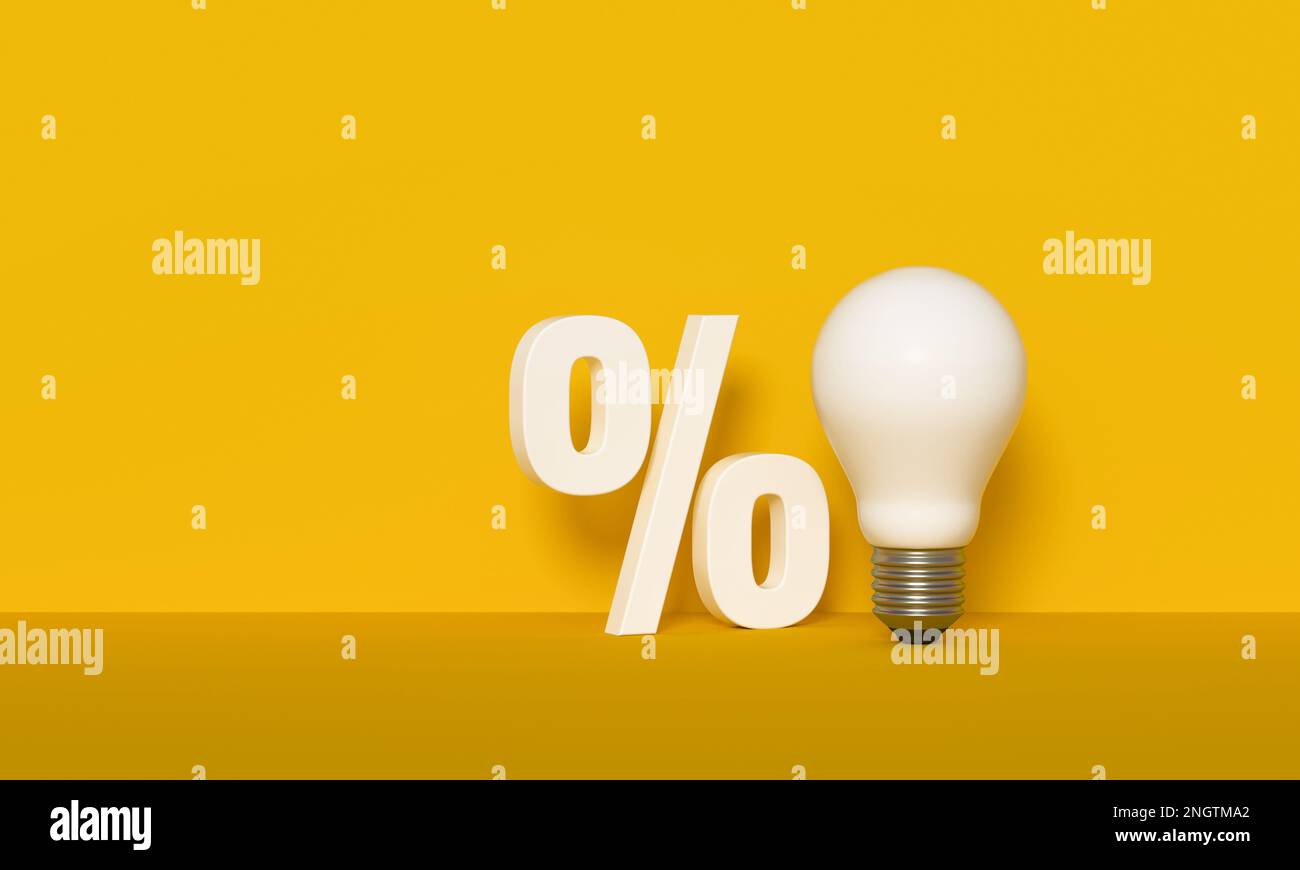 Light bulb with percent symbol isolated on yellow background. 3d ...