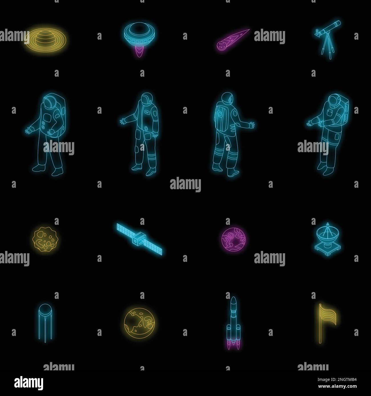 Astronaut icons set. Isometric set of astronaut vector icons neon color ...