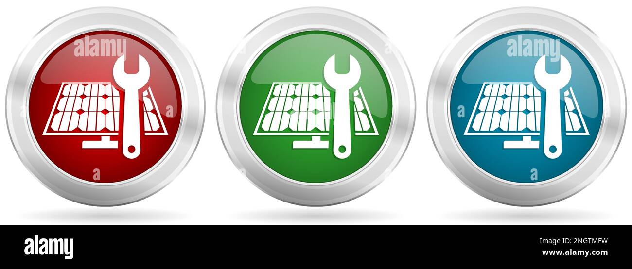 Solar panel service vector icon set. Red, blue and green silver ...
