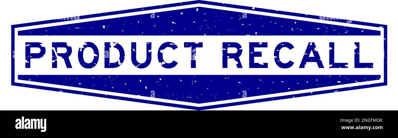 Grunge blue product recall word hexagon rubber seal stamp on white ...