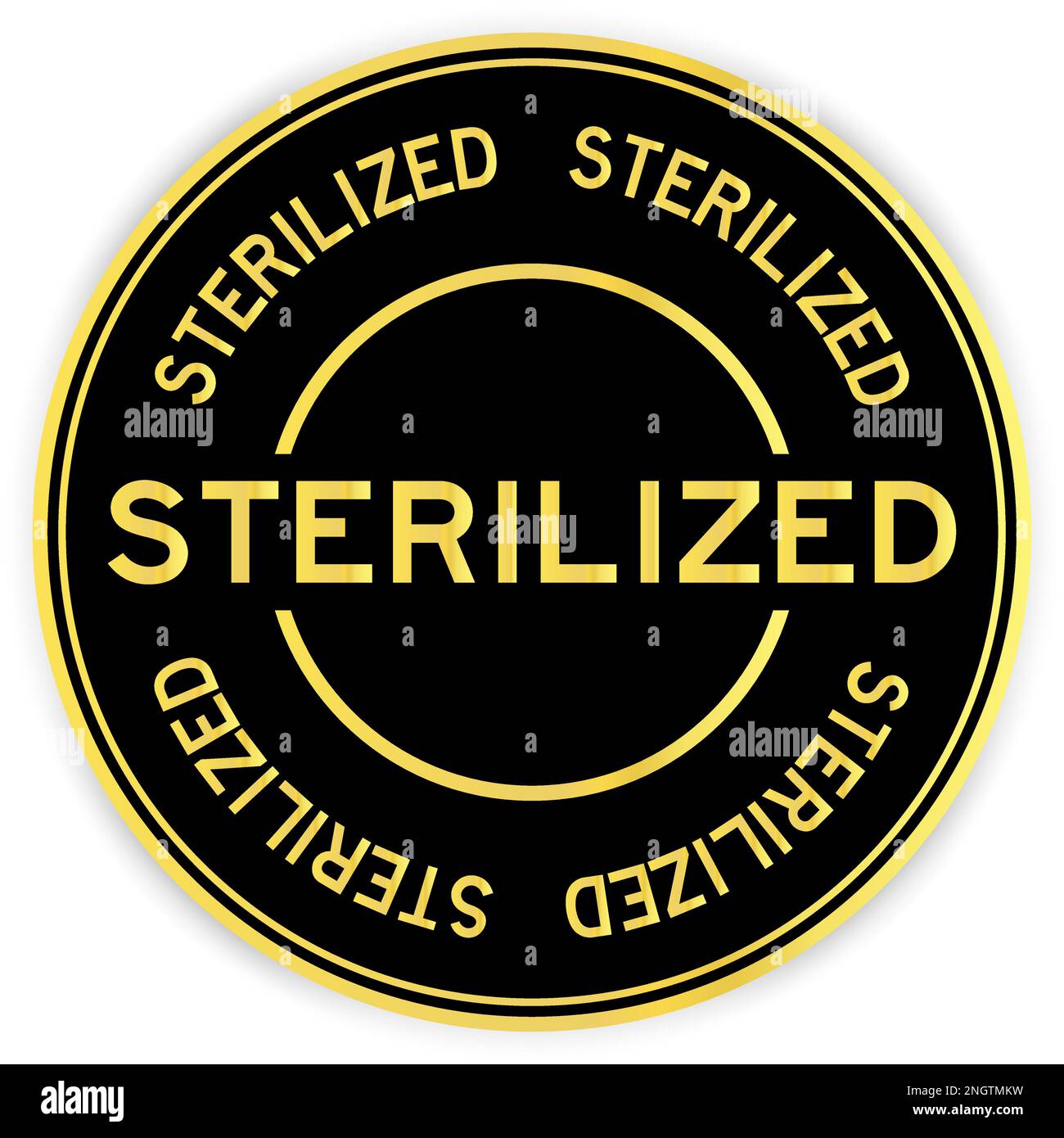 Black and gold color round label sticker with word sterilized on white ...